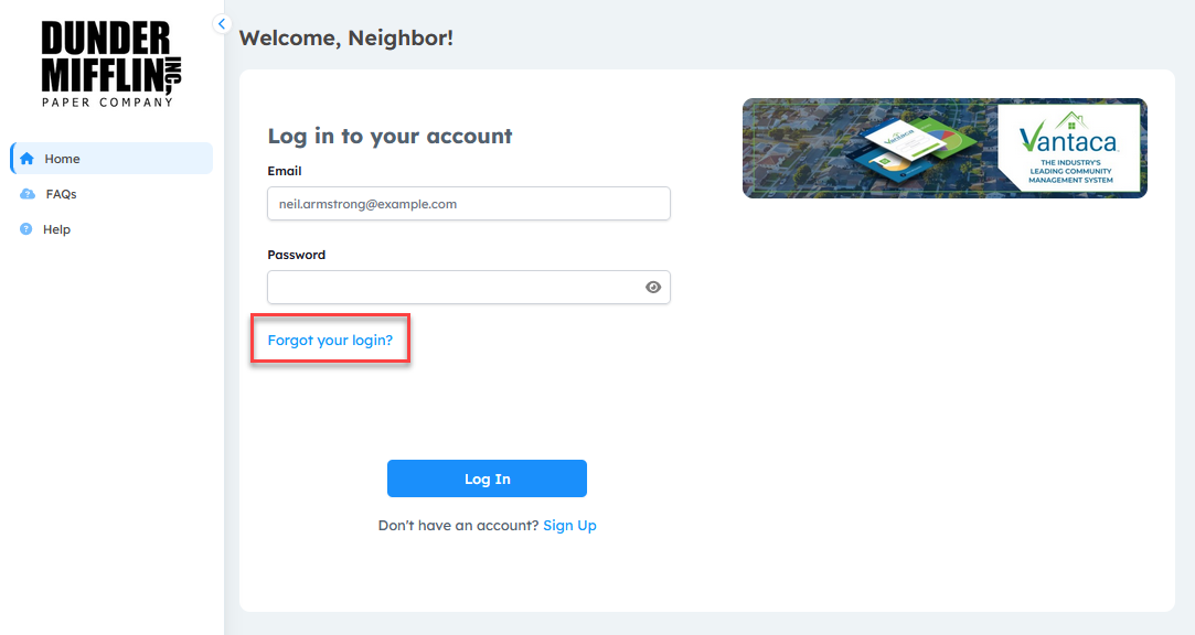 Vantaca Home - Resetting a Homeowner Password – Vantaca Library