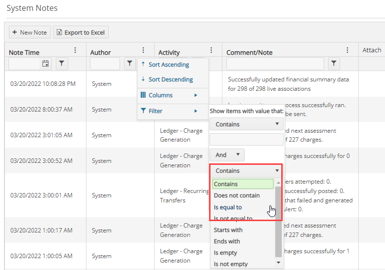 System > Activity Notes – Vantaca Library